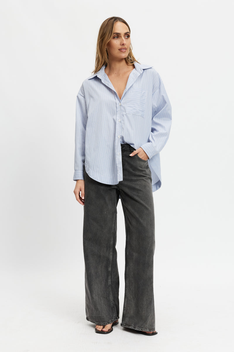 Bump and Breastfeeding Morgan Stripe Wrap Button-Down Shirt - Blue ...